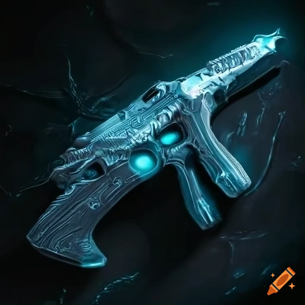 Grayscale image of an alien gun with glowing diamond accents on Craiyon