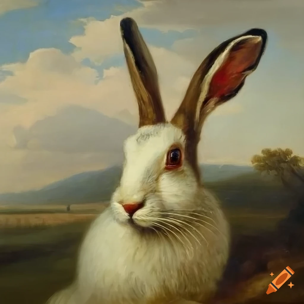Oil painting portrait of a white hare in a landscape on Craiyon
