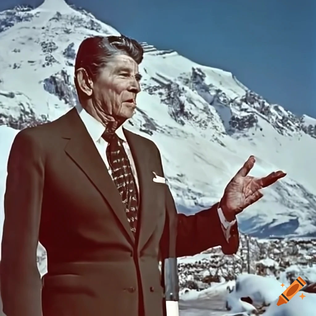 Ronald Reagan giving a speech in the snow-covered mountains on Craiyon