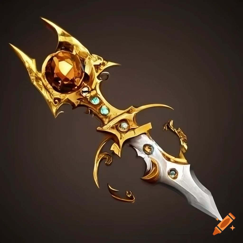 Magical weapons set with golden topazes blades emitting electricity on ...