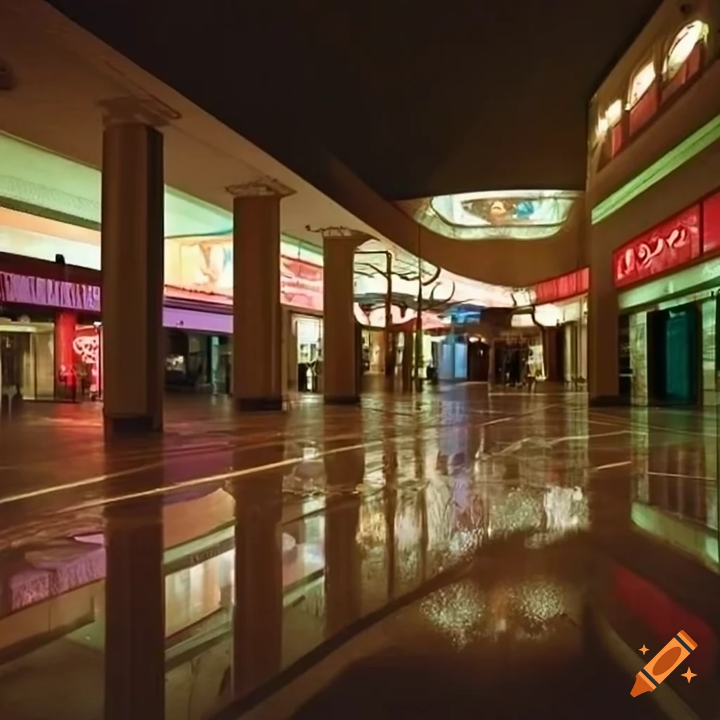 Eerie shopping mall with flickering lights on Craiyon