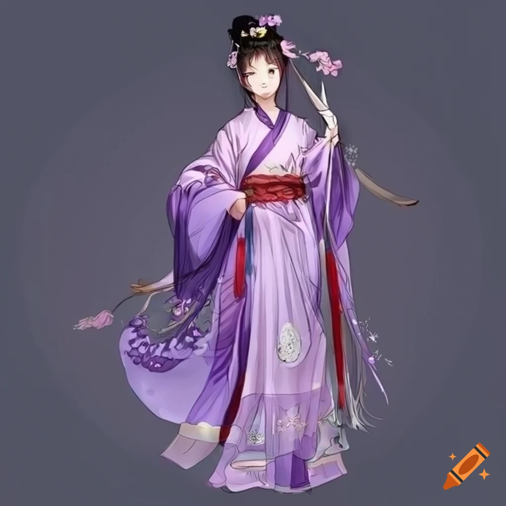 Anime style female in purple hanfu with bun hairstyle on Craiyon
