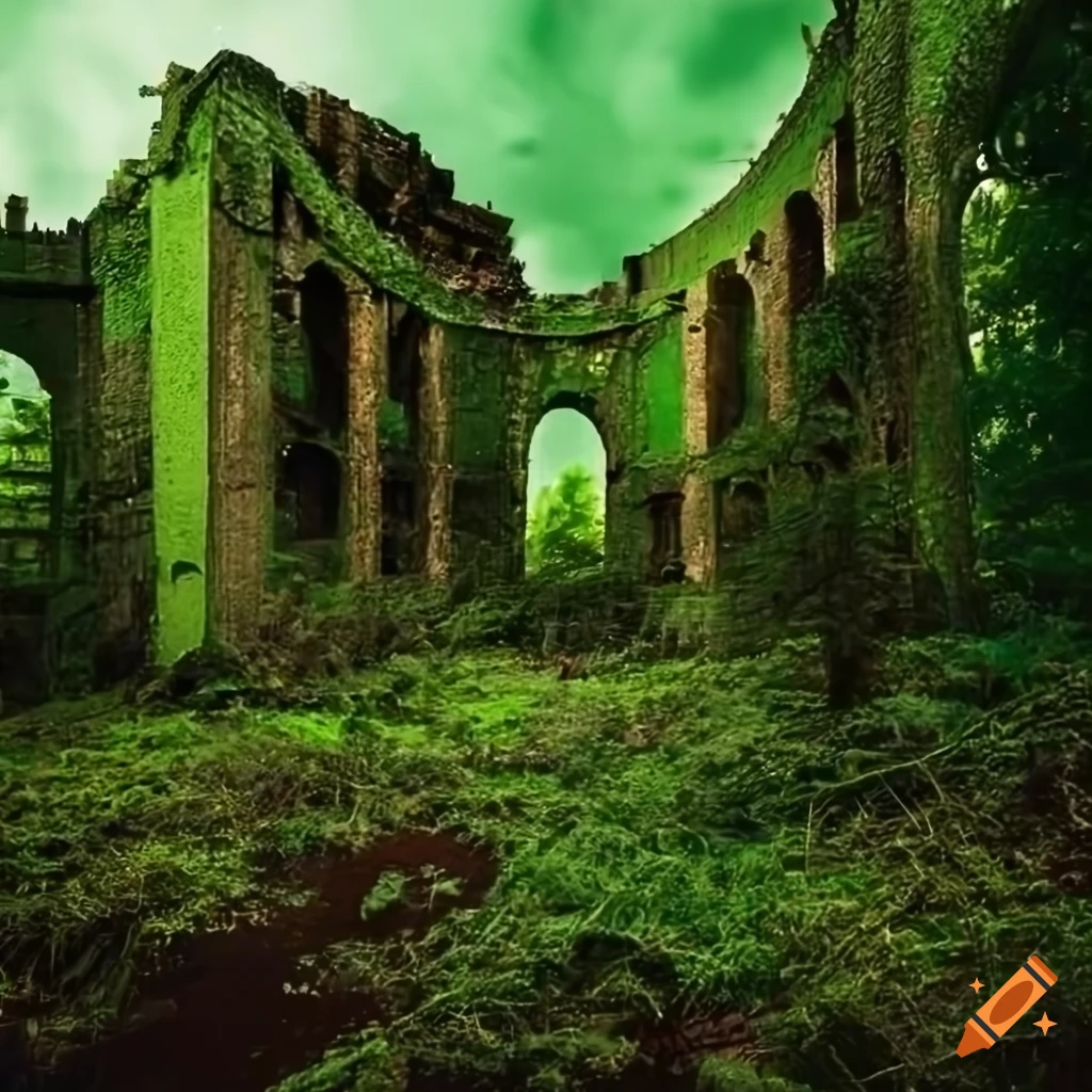 Post-apocalyptic ruins in a verdant green landscape on Craiyon