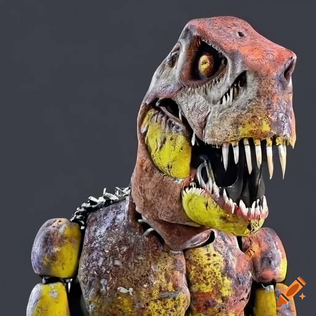 Rusty broken animatronic T-Rex sculpture on Craiyon