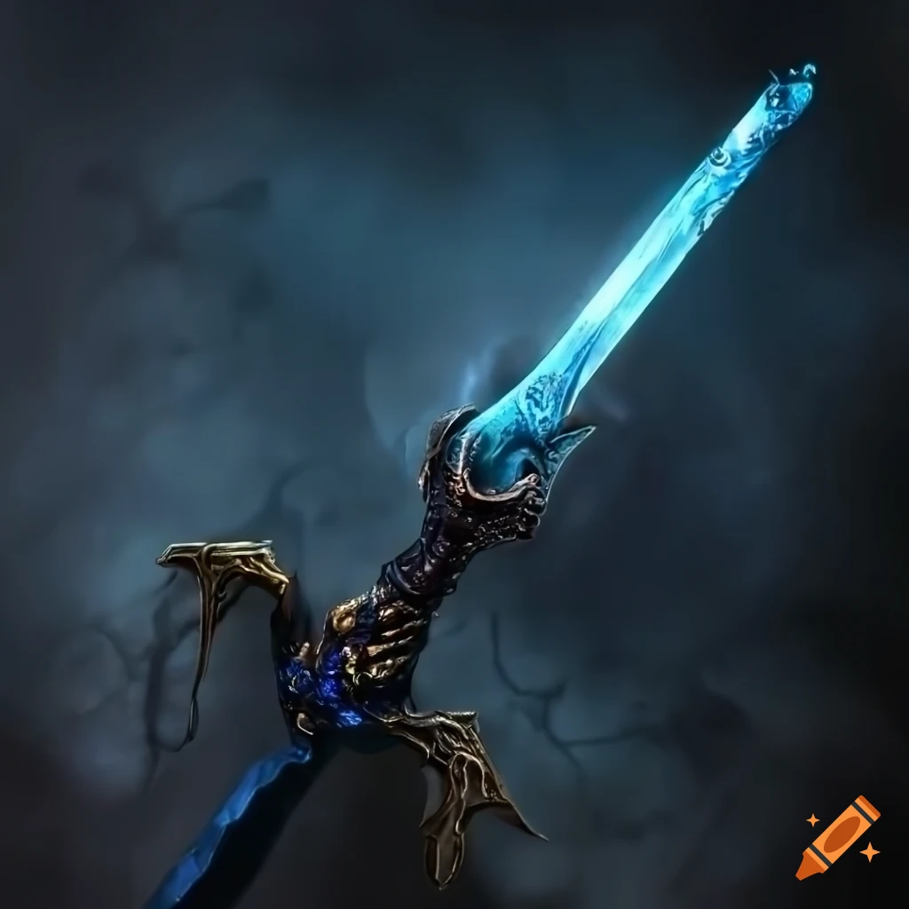 Photorealistic evil magical sword with blue sapphire blade on Craiyon