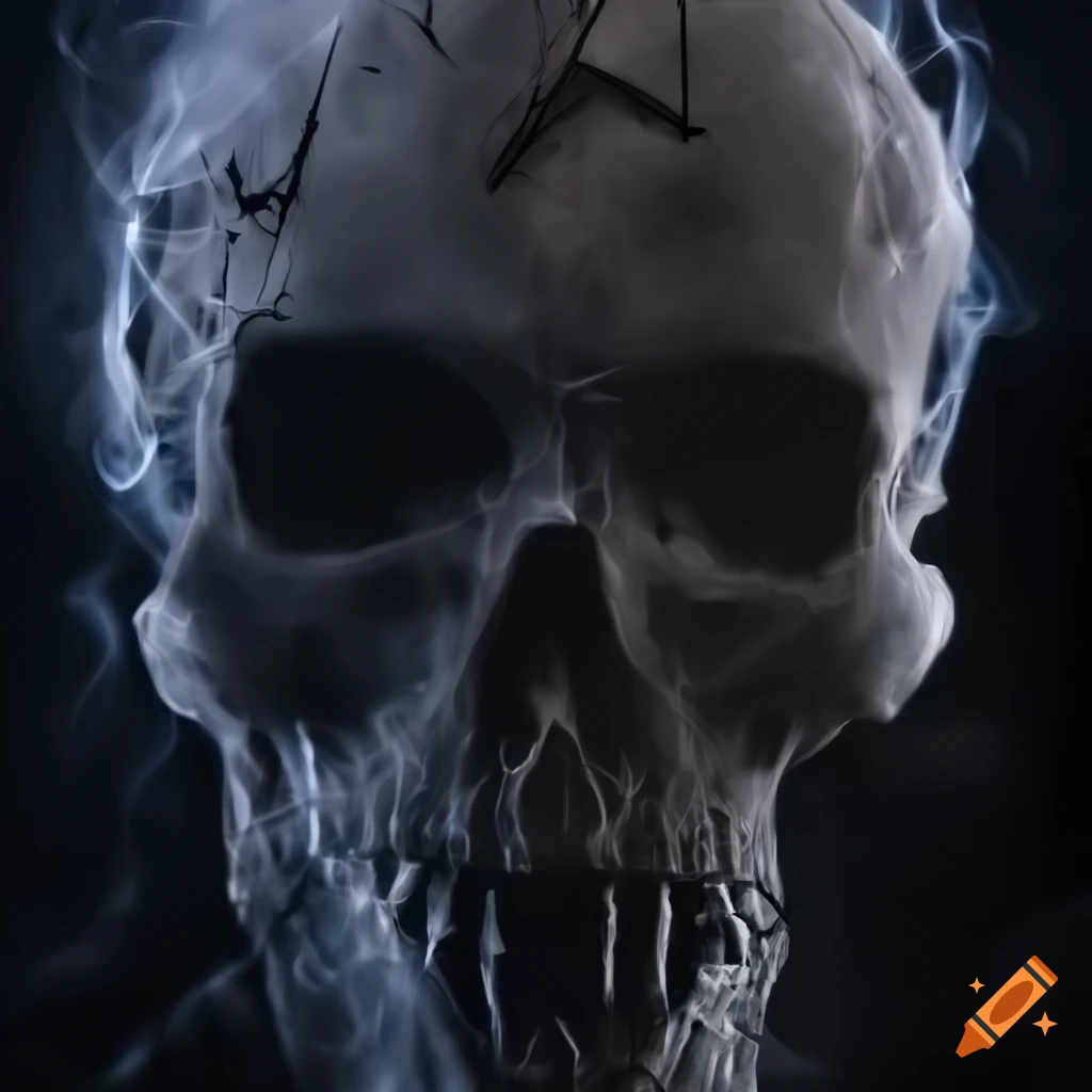 Surreal image with broken skull, druidic runes, and smoke on Craiyon