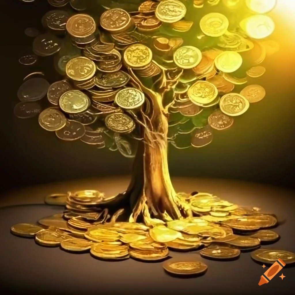 Image of gold coins under a magical tree on Craiyon