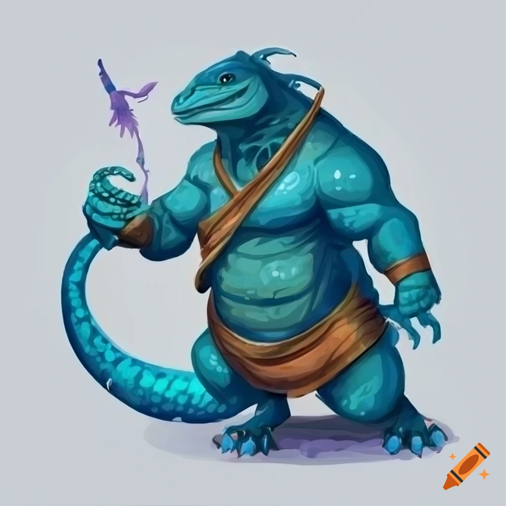 Charming blue lizardfolk illustration on Craiyon