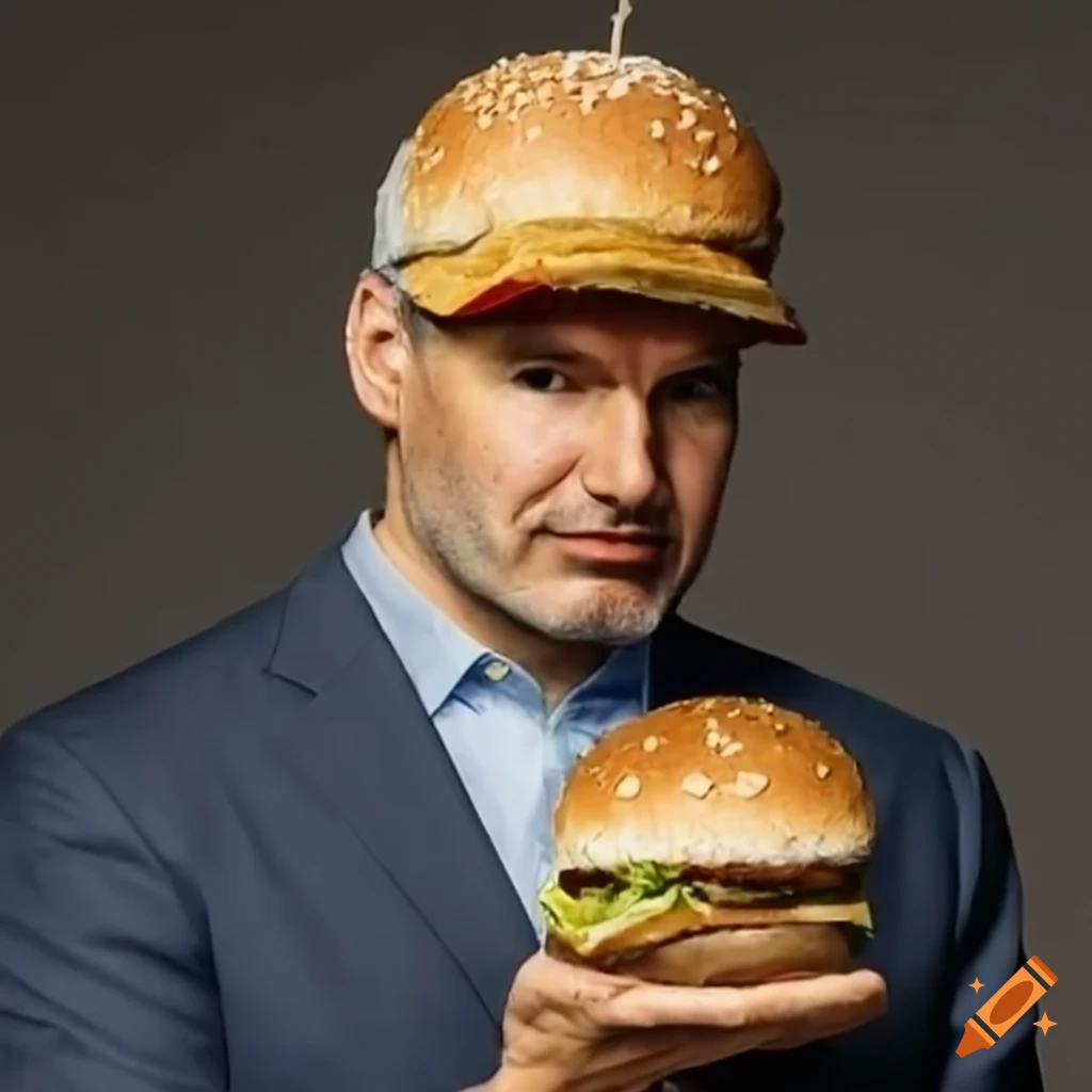 Satirical image of karl nehammer with a burger and a mcdonald's cap on ...