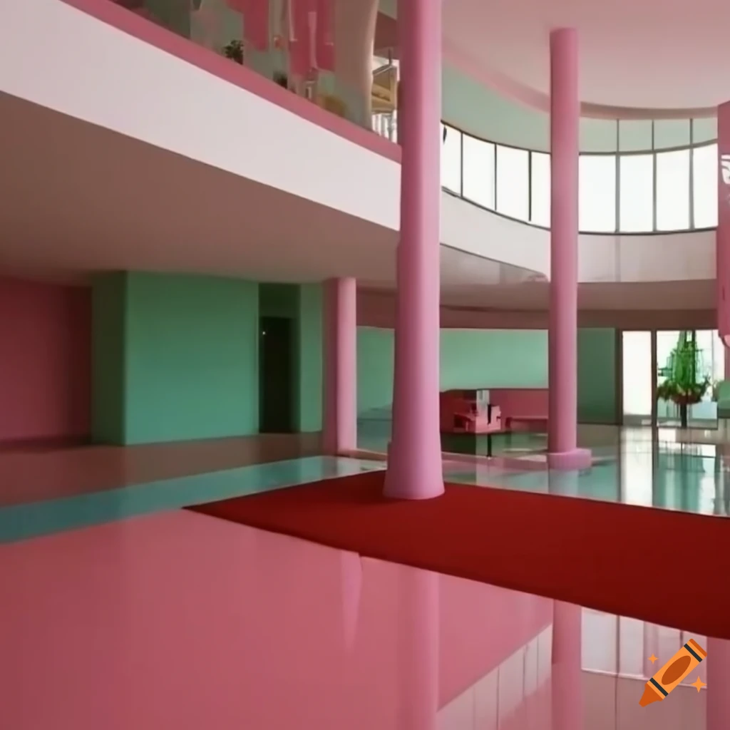 Pastel colored hotel lobby with tiled floors and walls on Craiyon