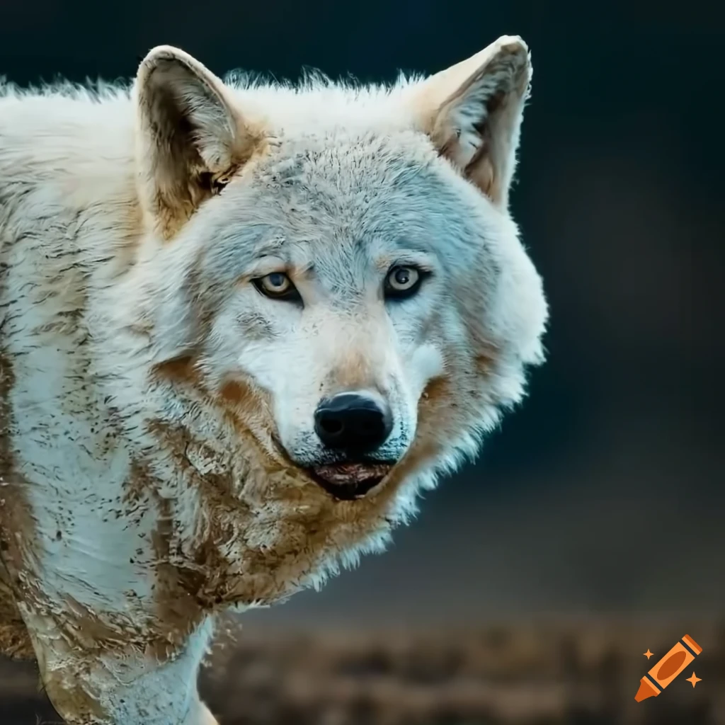 Realistic depiction of a mud-covered white wolf on Craiyon