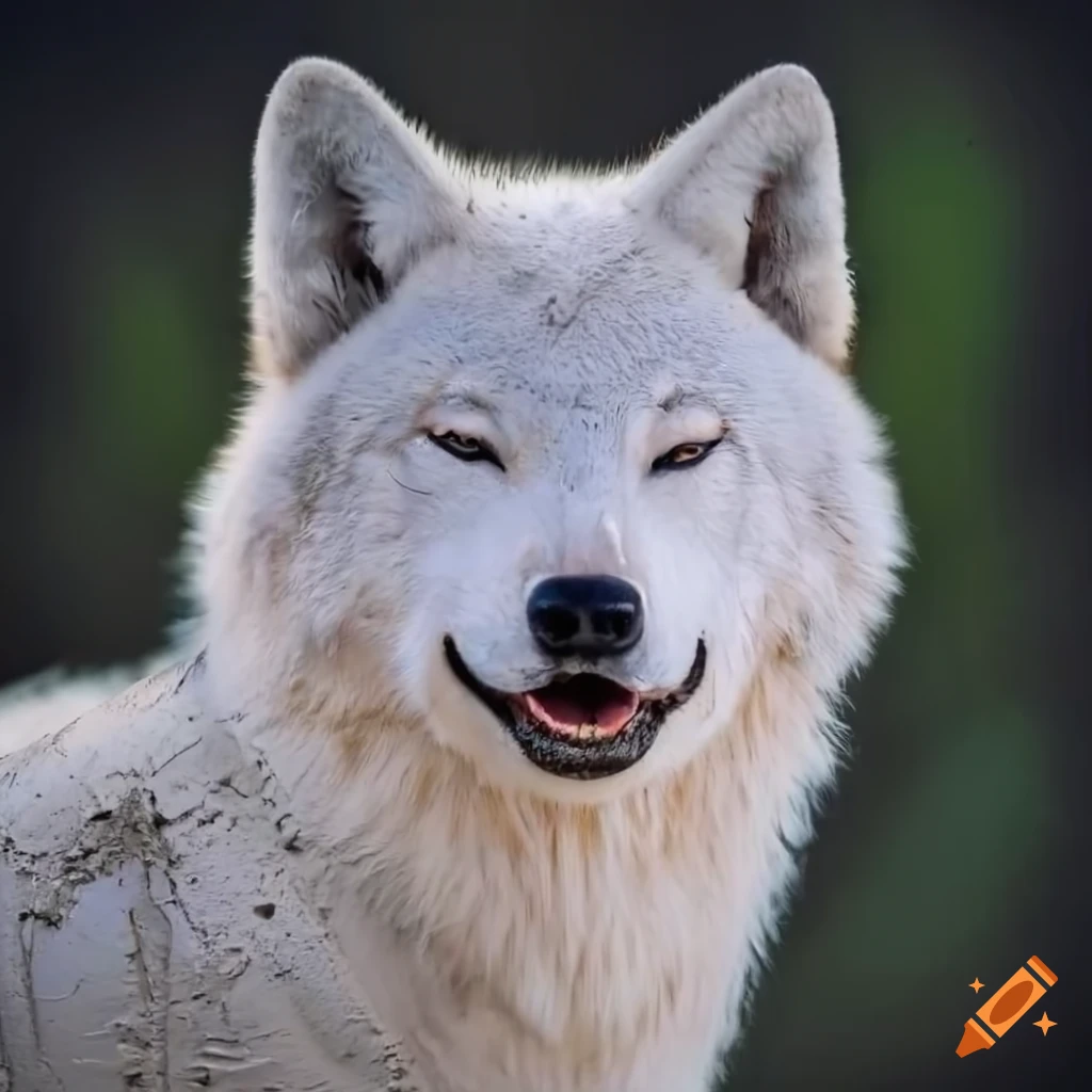 Smiling white wolf covered in mud on Craiyon