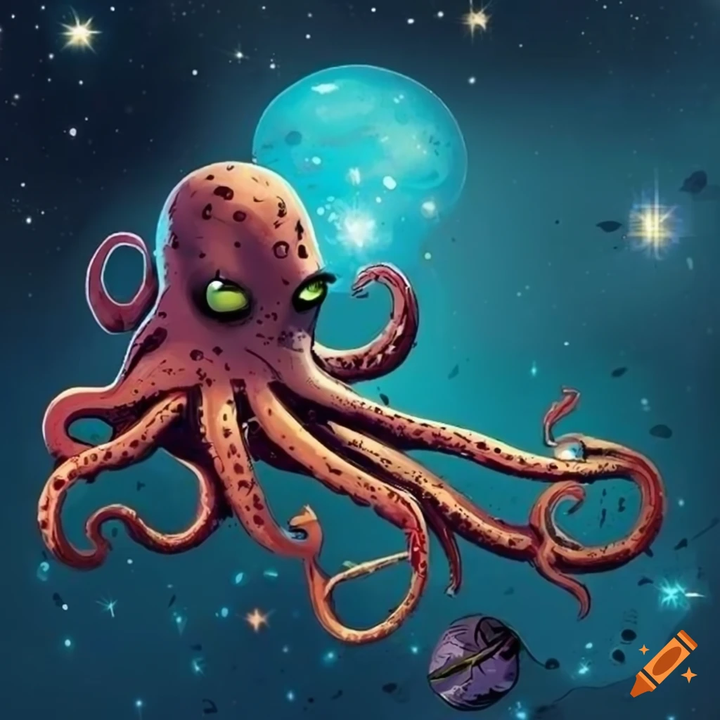 Comic illustration of a giant octopus attacking a spaceship in space