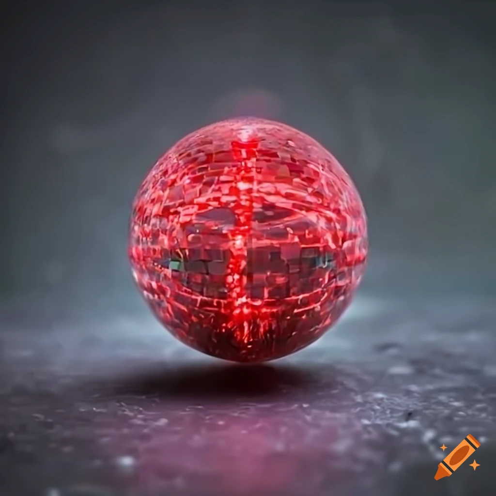 Red garnet-powered futuristic ball on stone table on Craiyon