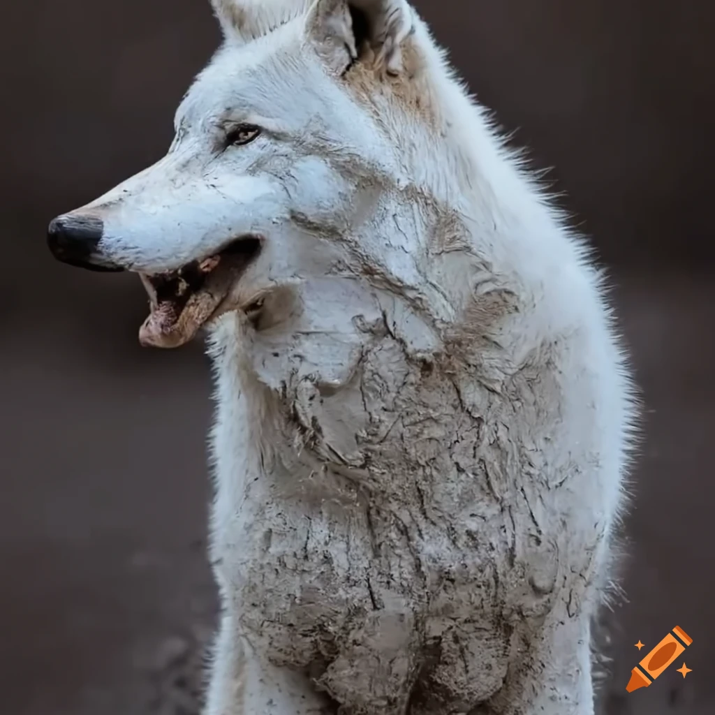 Smiling white wolf covered in mud
