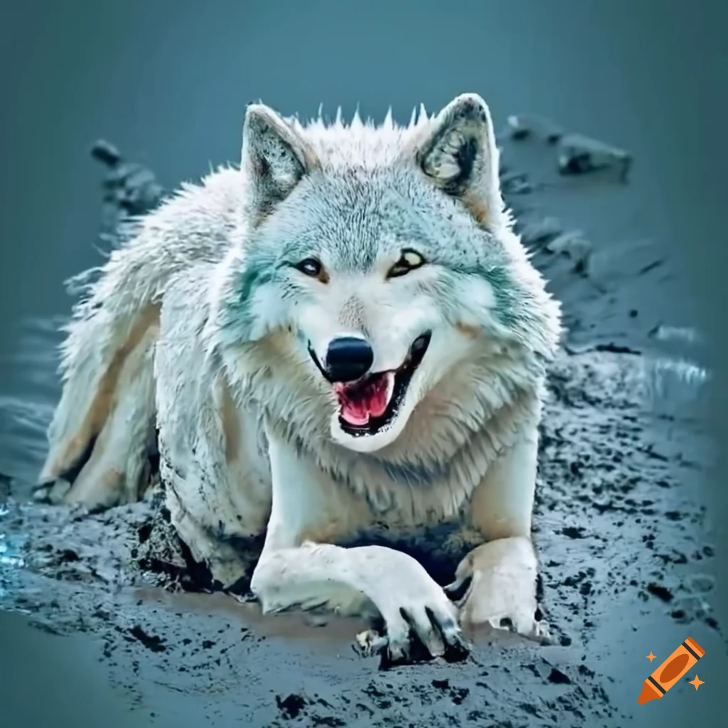 Muddy white wolf in its natural habitat on Craiyon