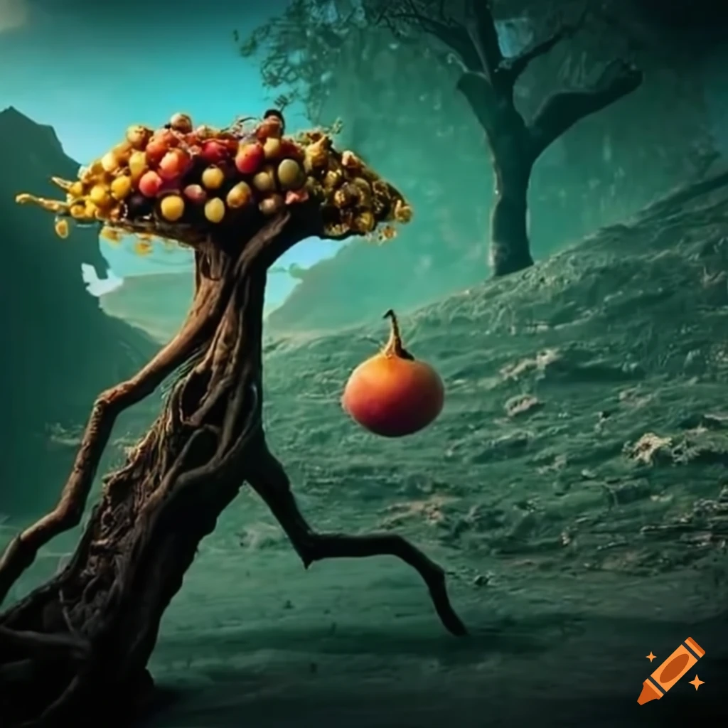 Fantasy artwork of a village under an alien tree on Craiyon