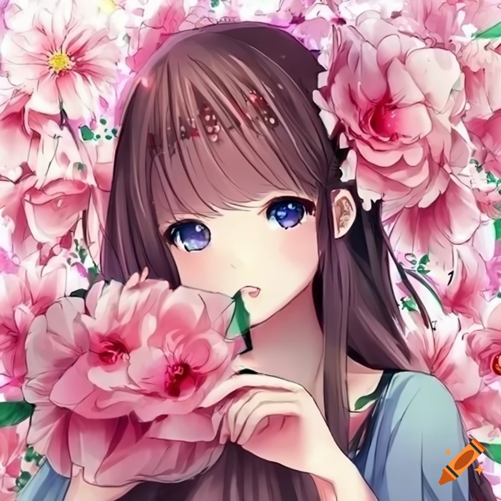 Anime girl surrounded by flowers on Craiyon