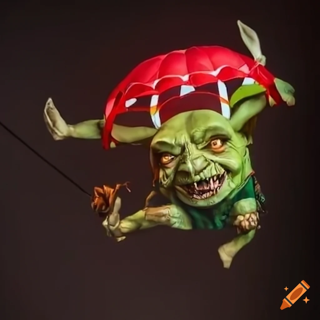 Fantasy illustration of a goblin riding a flaming parasail on Craiyon