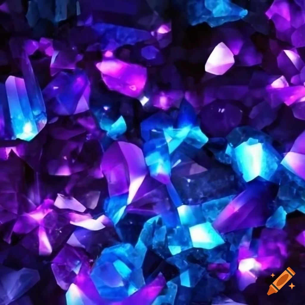 Blue and purple glowing crystals on Craiyon