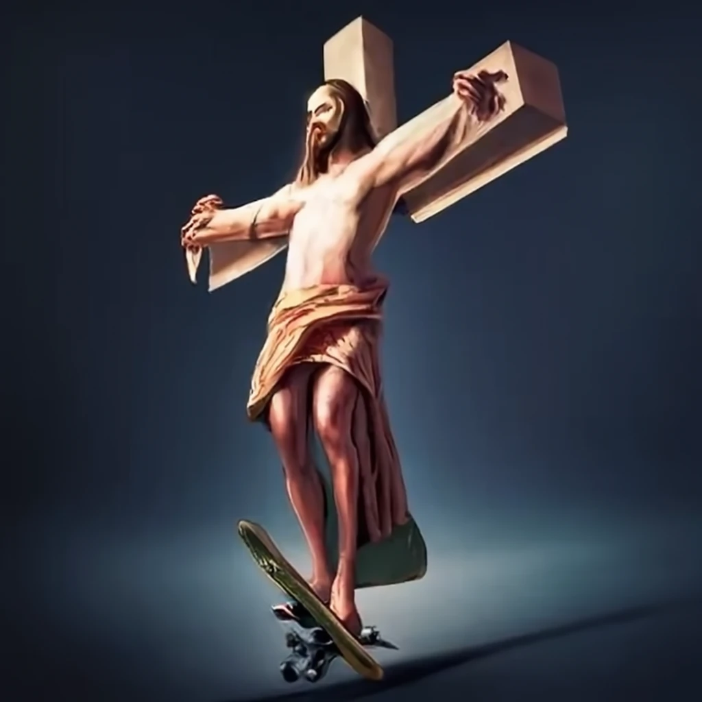 Satirical depiction of jesus christ skateboarding on the true cross on ...