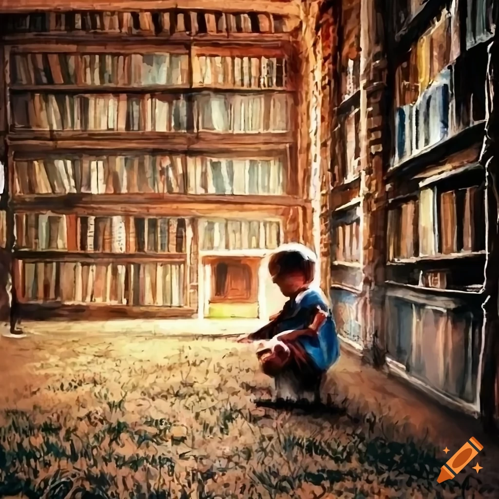 Watercolor painting of a boy in a library with grass and flowers
