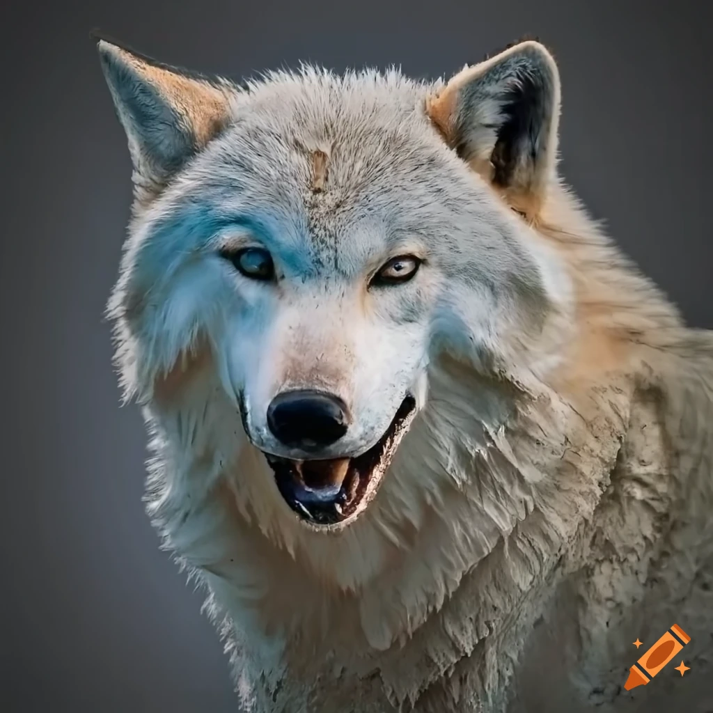 Muddy white wolf with a joyful expression on Craiyon