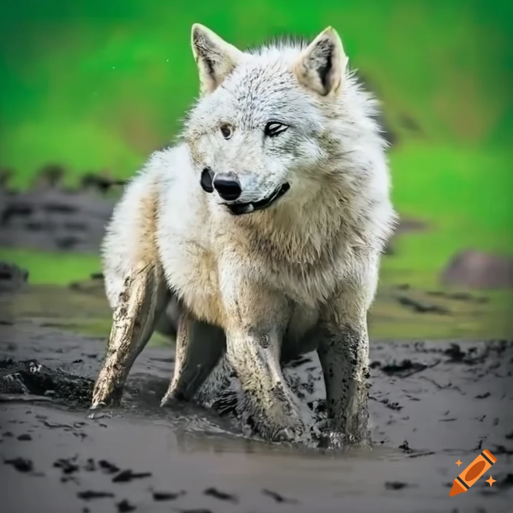 White wolf covered in mud on Craiyon