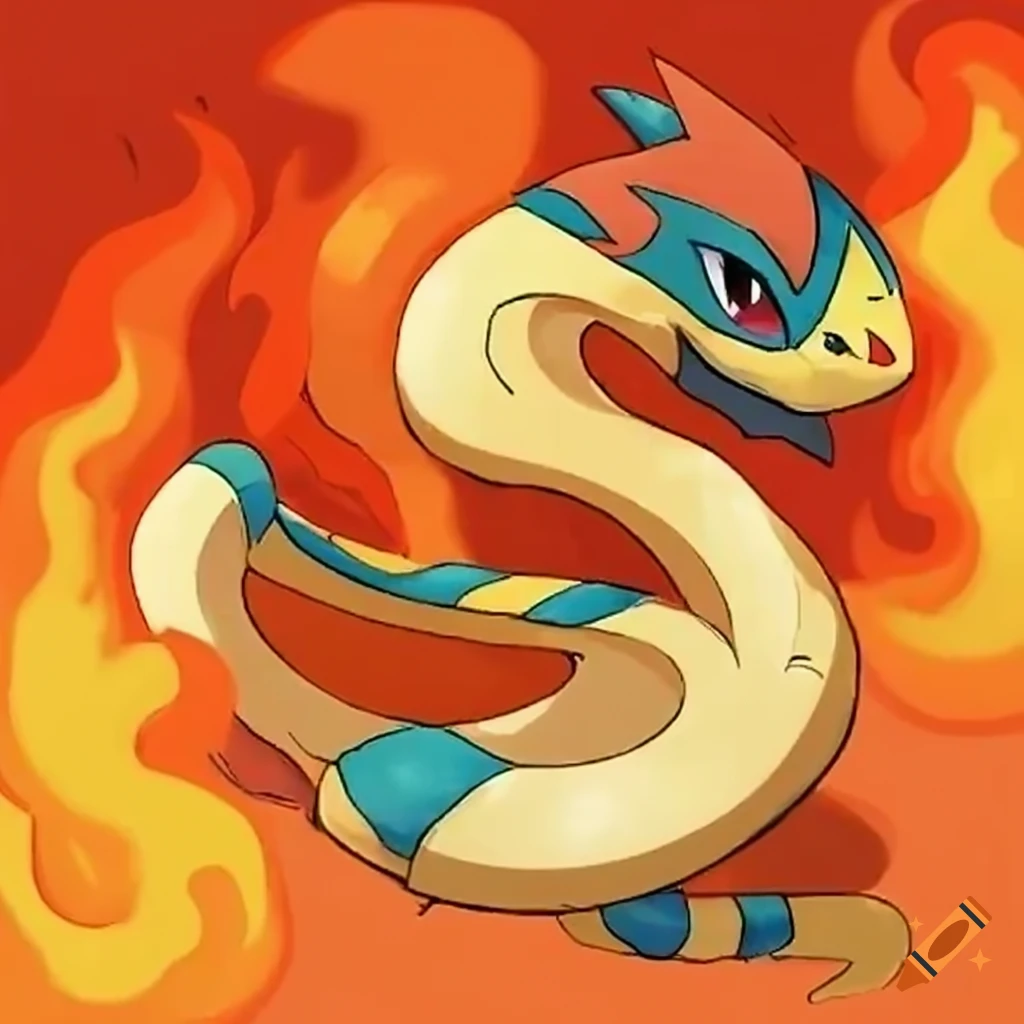 Picture of Pifi, a snake-like fire type starter pokemon on Craiyon
