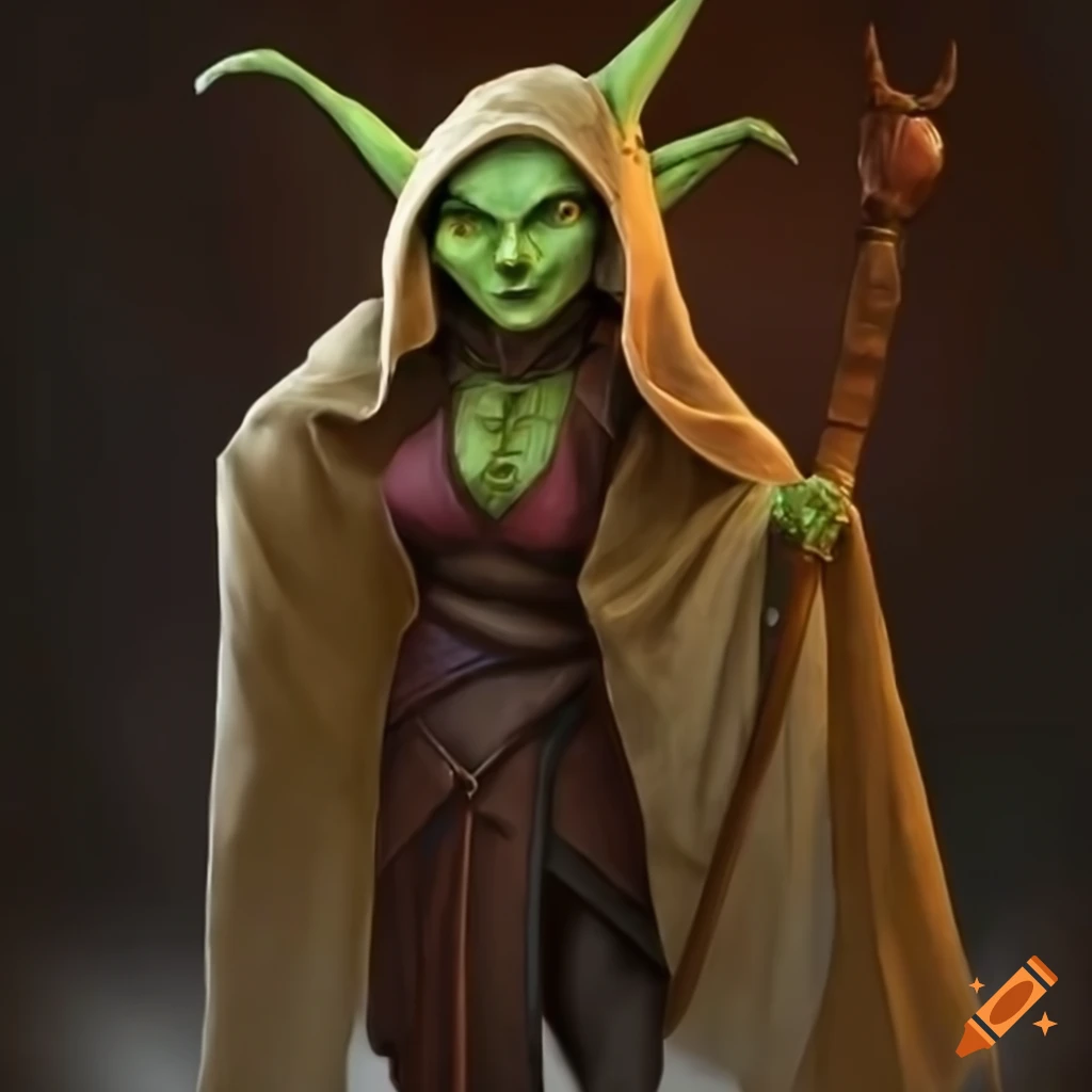 Illustration of a tall female goblin in a robe on Craiyon