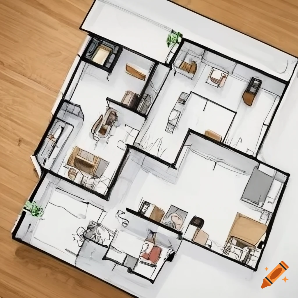 Floor plan of a versatile space with research, cafe, shop, and interactive areas on Craiyon