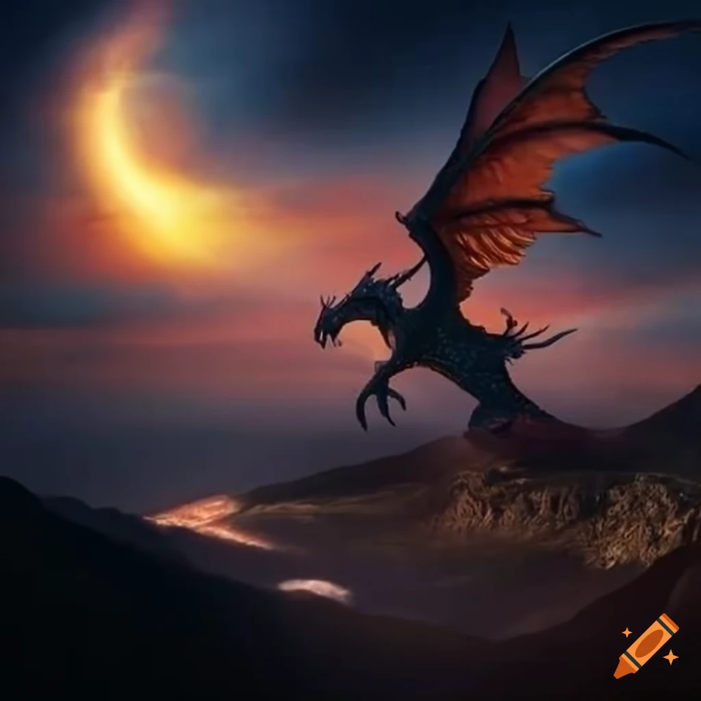 Dragon flying over a mystical landscape on Craiyon