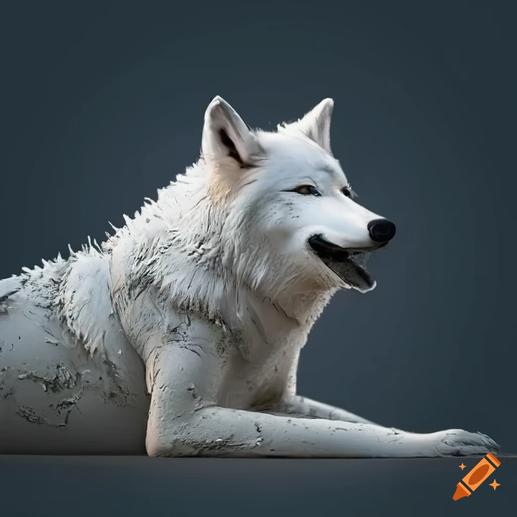 Realistic artwork of a muddy white wolf with closed eyes on Craiyon