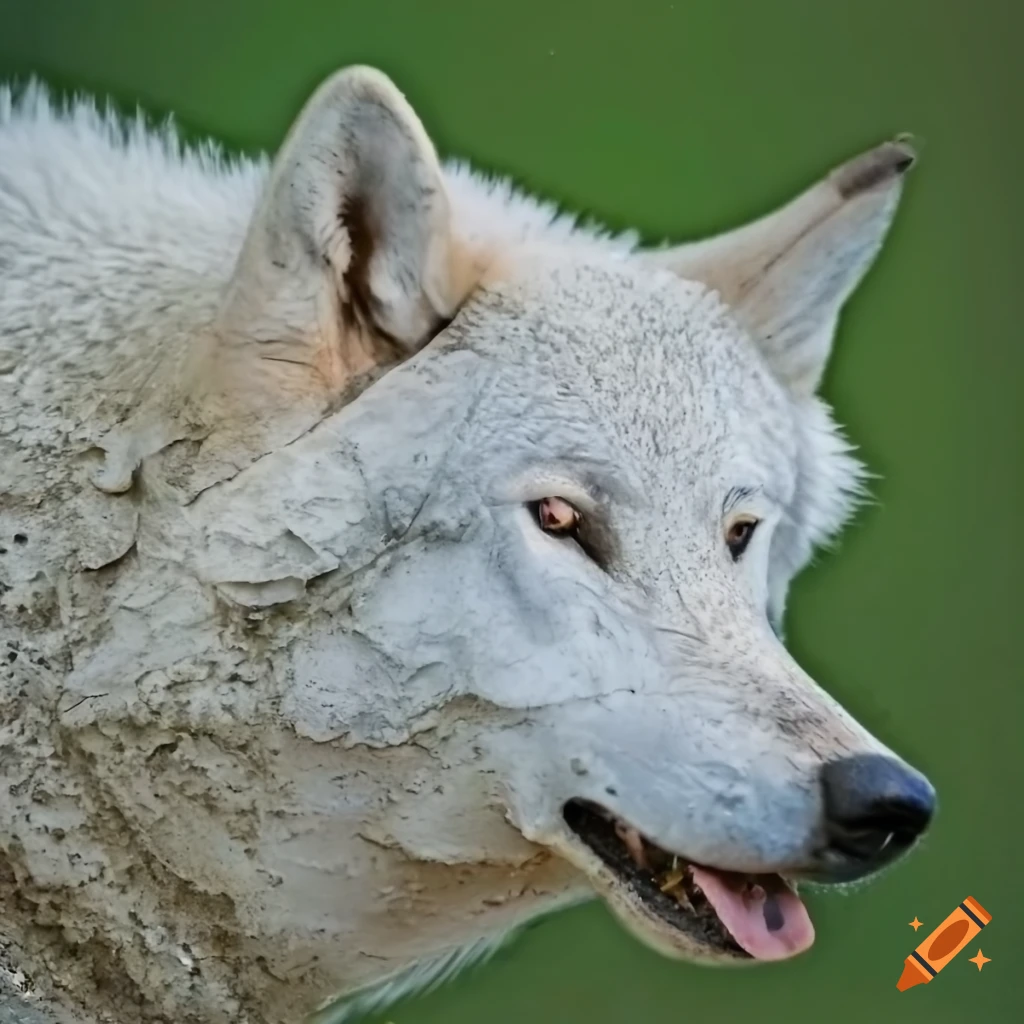 Picture of a muddy white wolf with a big smile