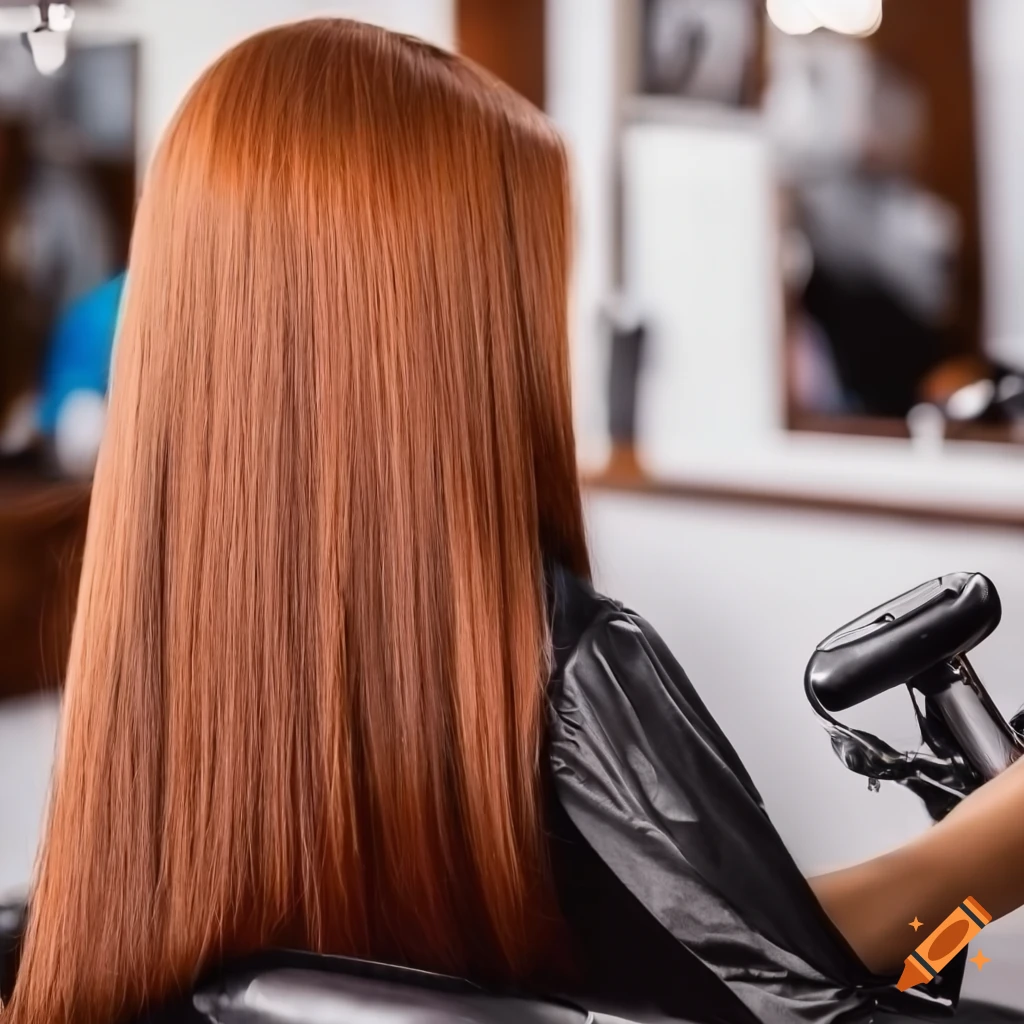 Profile of a girl with long auburn hair in a barber shop on Craiyon