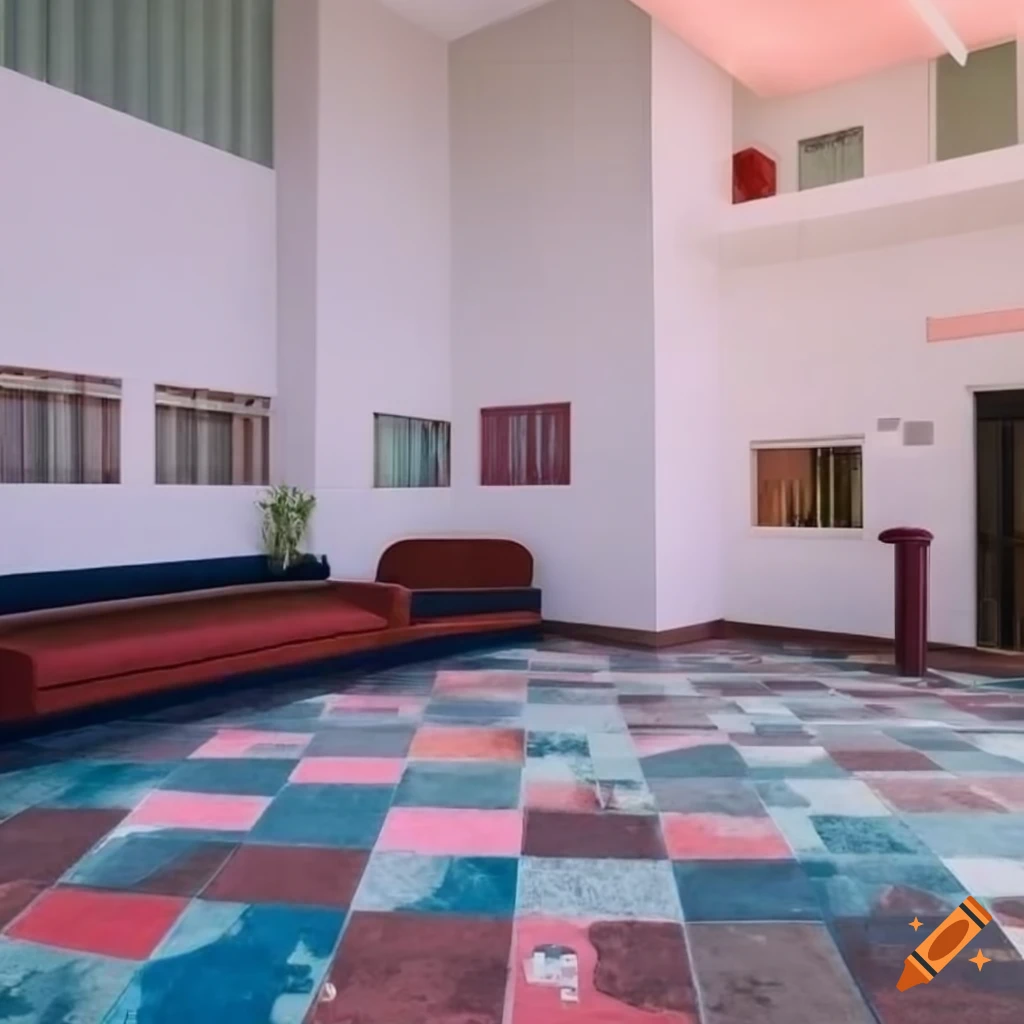 Pastel-colored hotel lobby with mid-century modern interior on Craiyon