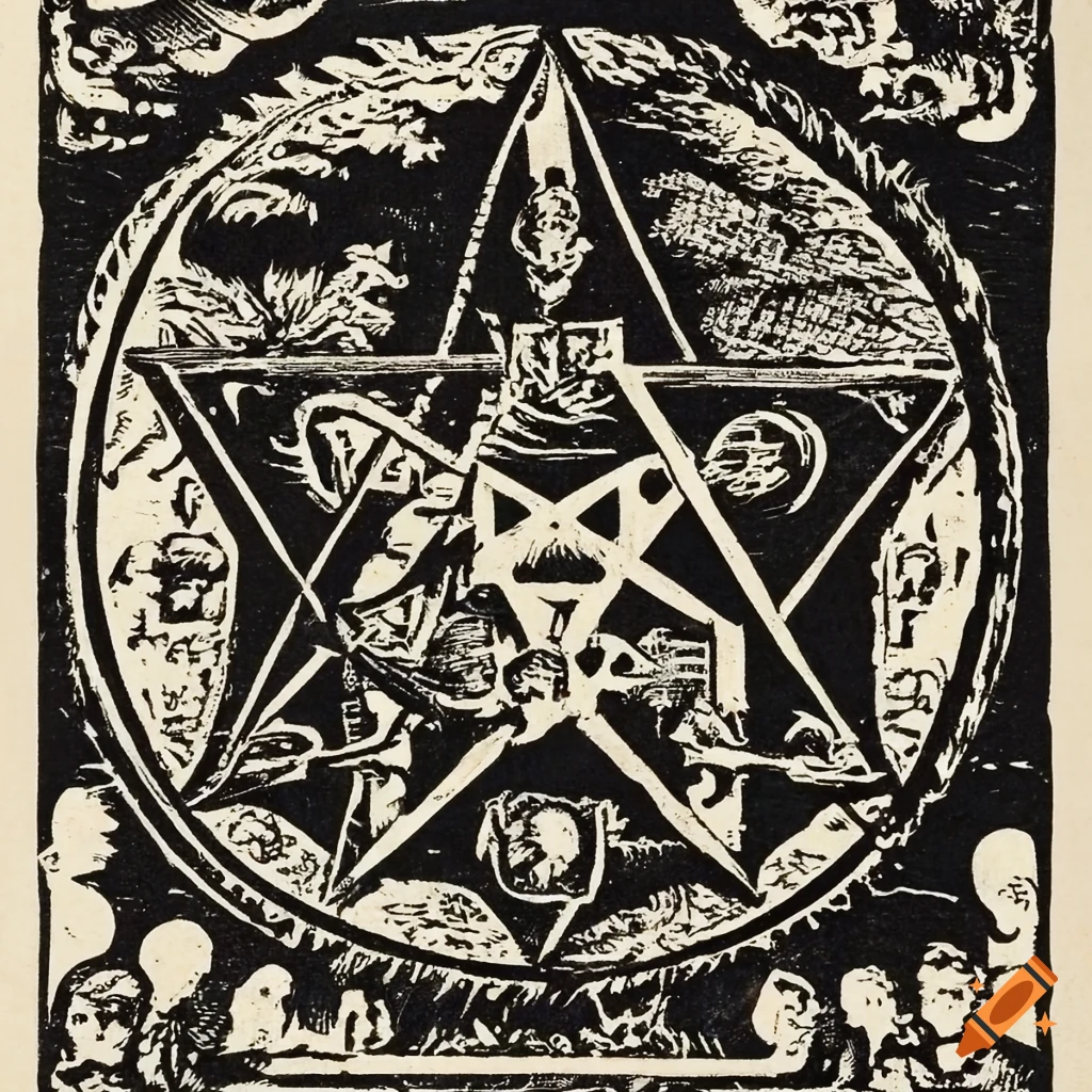 High resolution monochrome woodcut with occult symbolism on Craiyon