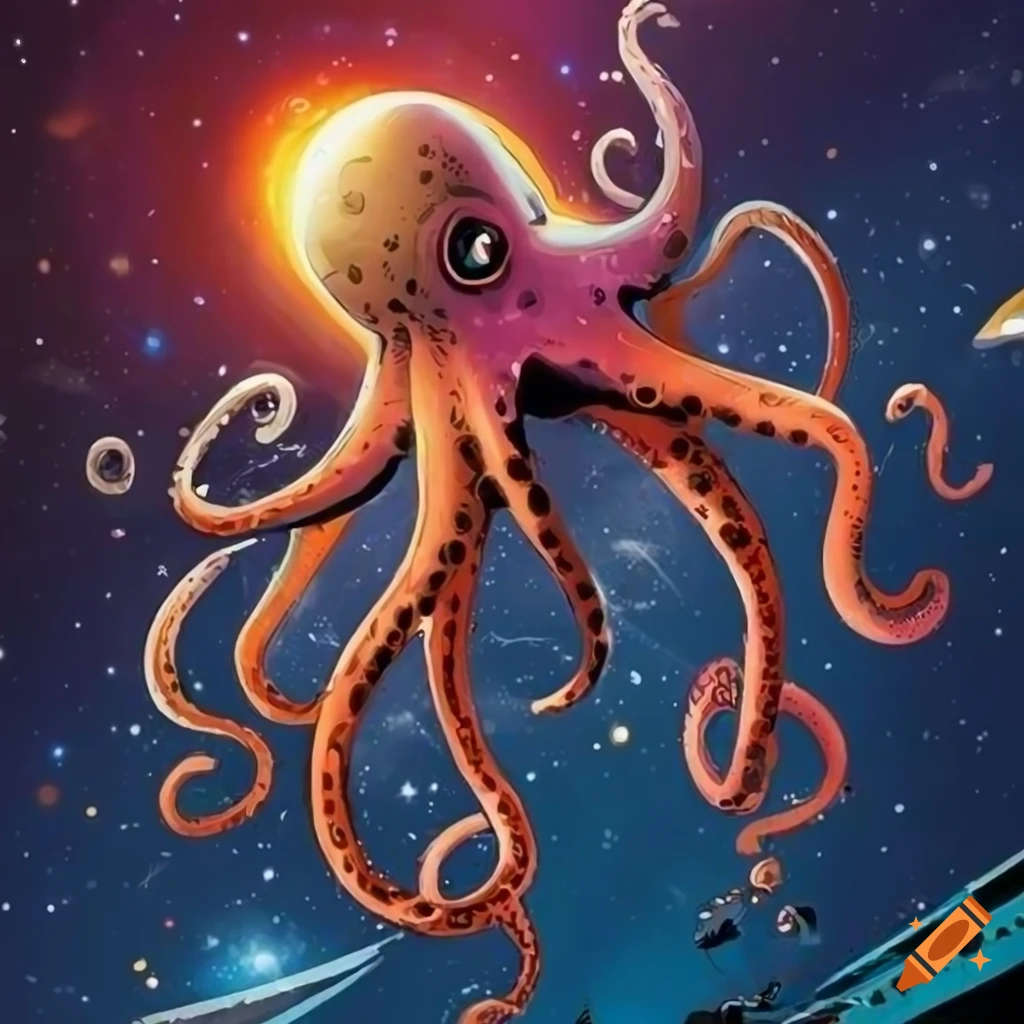Comic illustration of a giant octopus on a spaceship