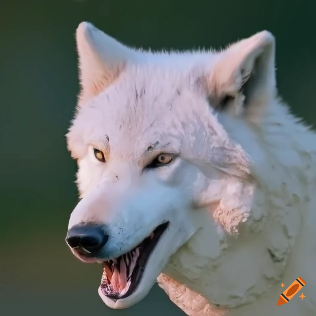 Realistic depiction of a muddy white wolf with a smile