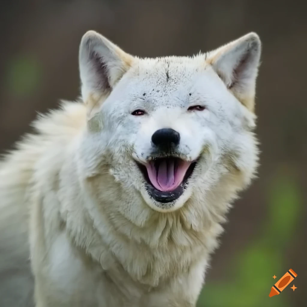 Smiling white wolf covered in mud on Craiyon
