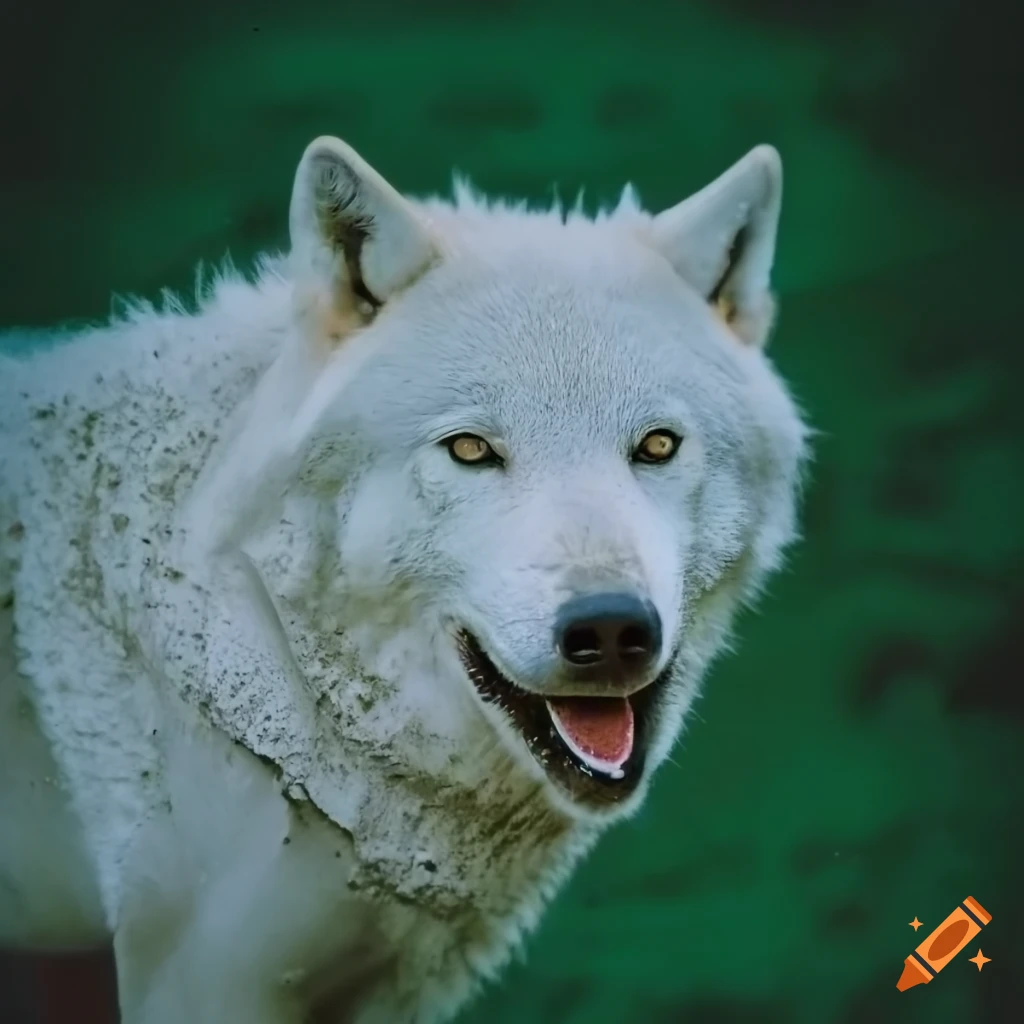 Smiling white wolf covered in mud