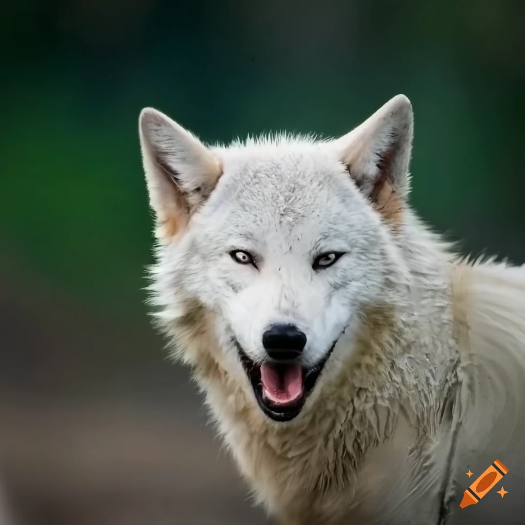 Smiling white wolf covered in mud on Craiyon