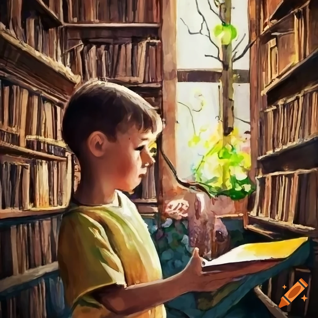 Watercolor painting of a boy in a library with grass and flowers on Craiyon
