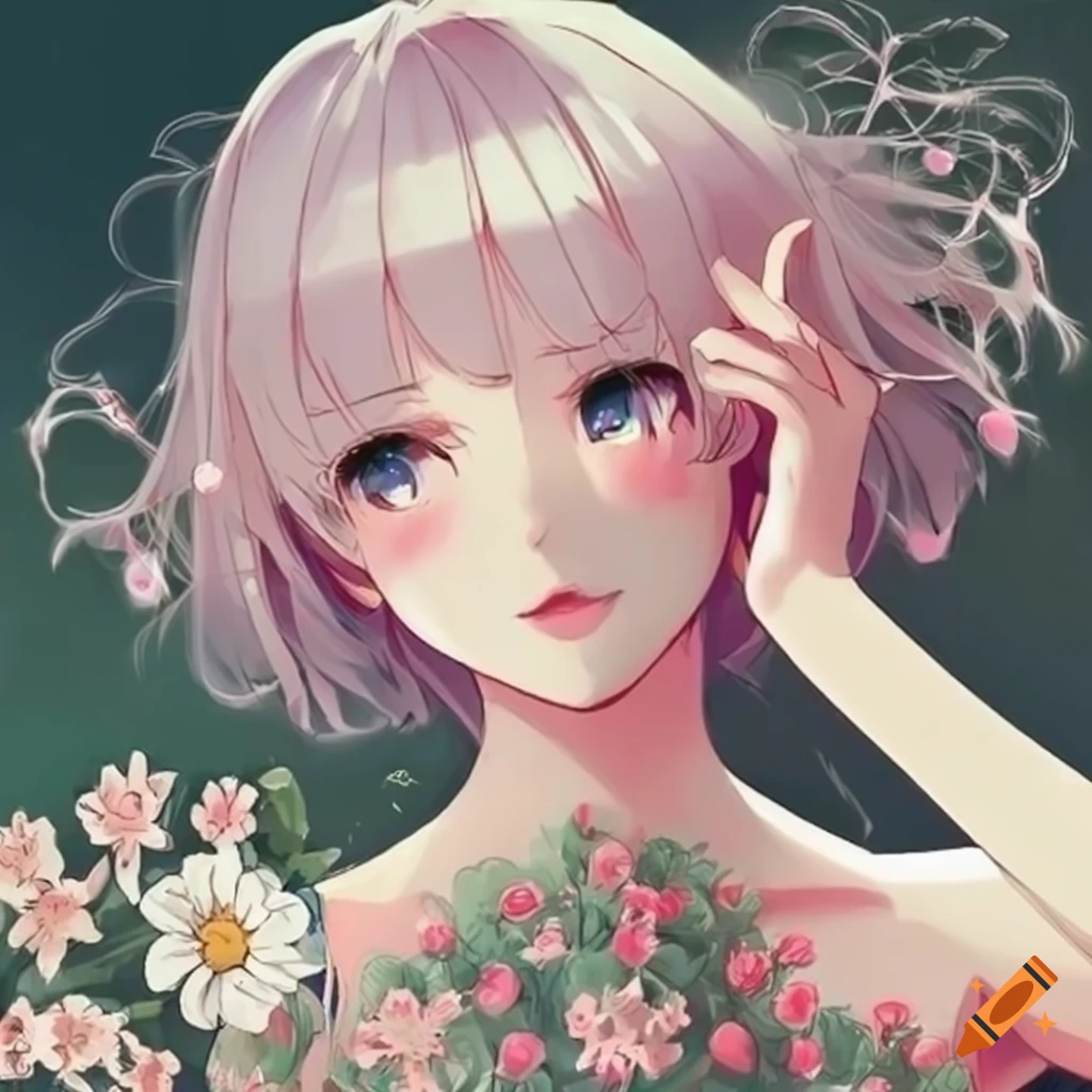 Anime girl surrounded by flowers on Craiyon