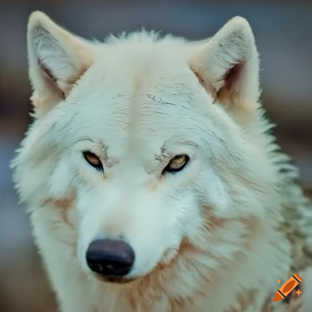 Smiling white wolf covered in mud on Craiyon