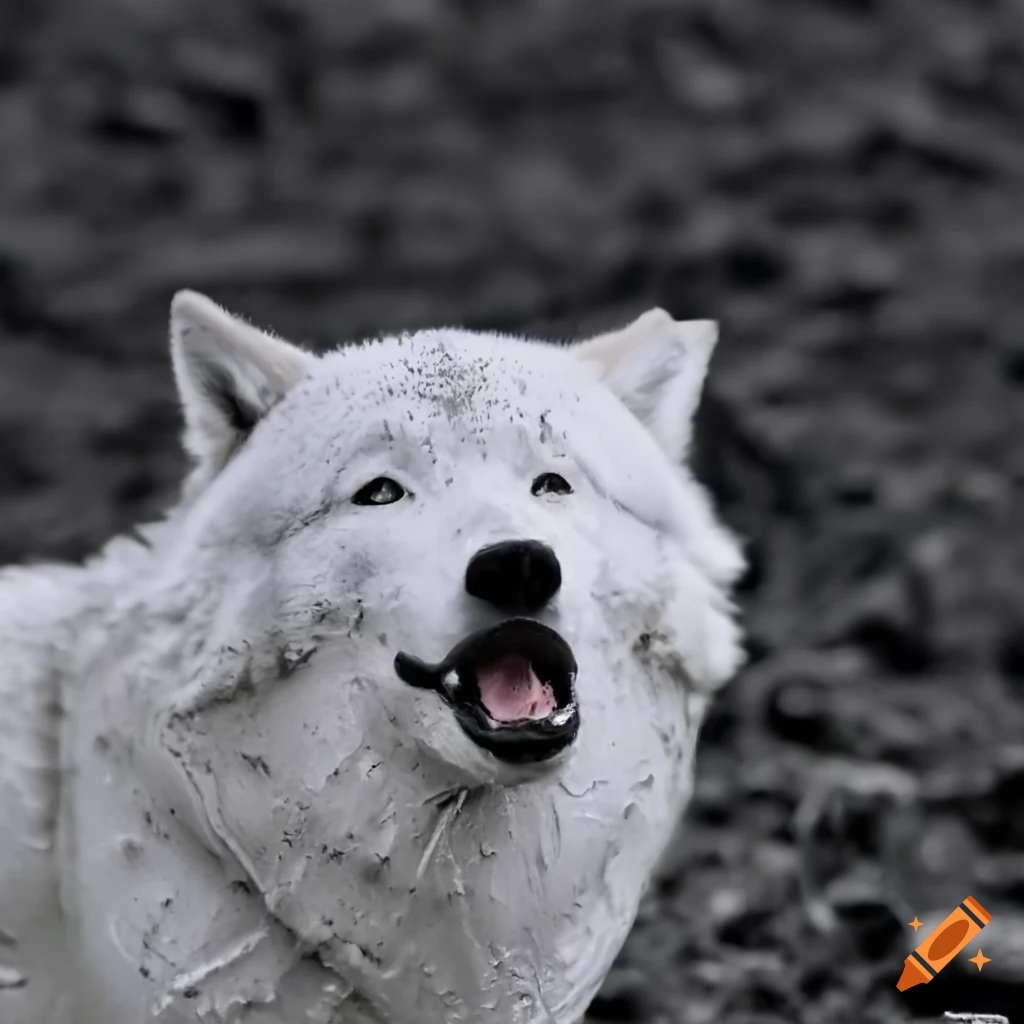 Smiling white wolf covered in mud