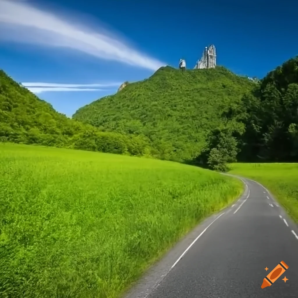 Eye-level view of a green landscape with a concrete road on Craiyon