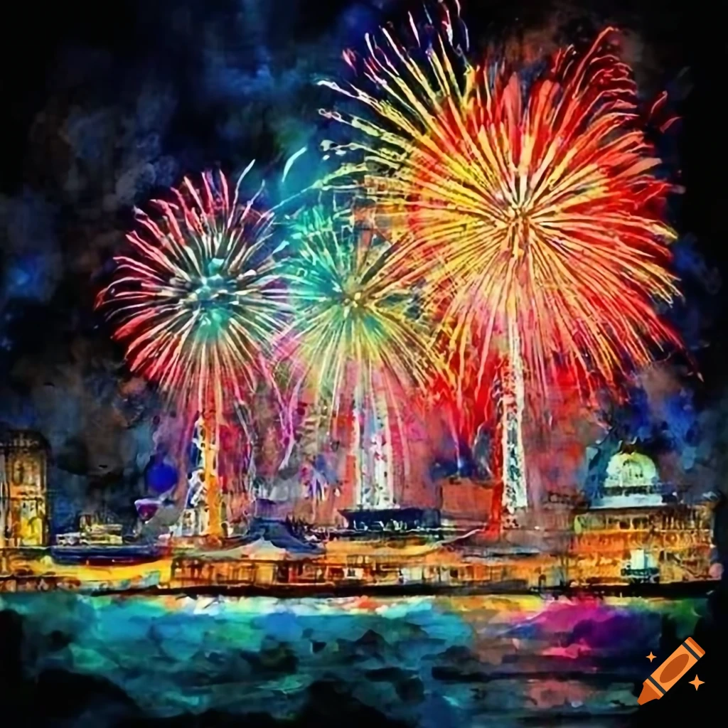 Watercolor illustration of fireworks at yokohama port on Craiyon