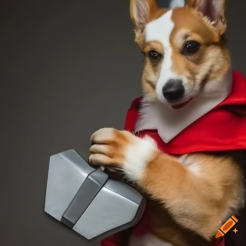 Corgi dressed as Thor with mini Mjolnir on Craiyon