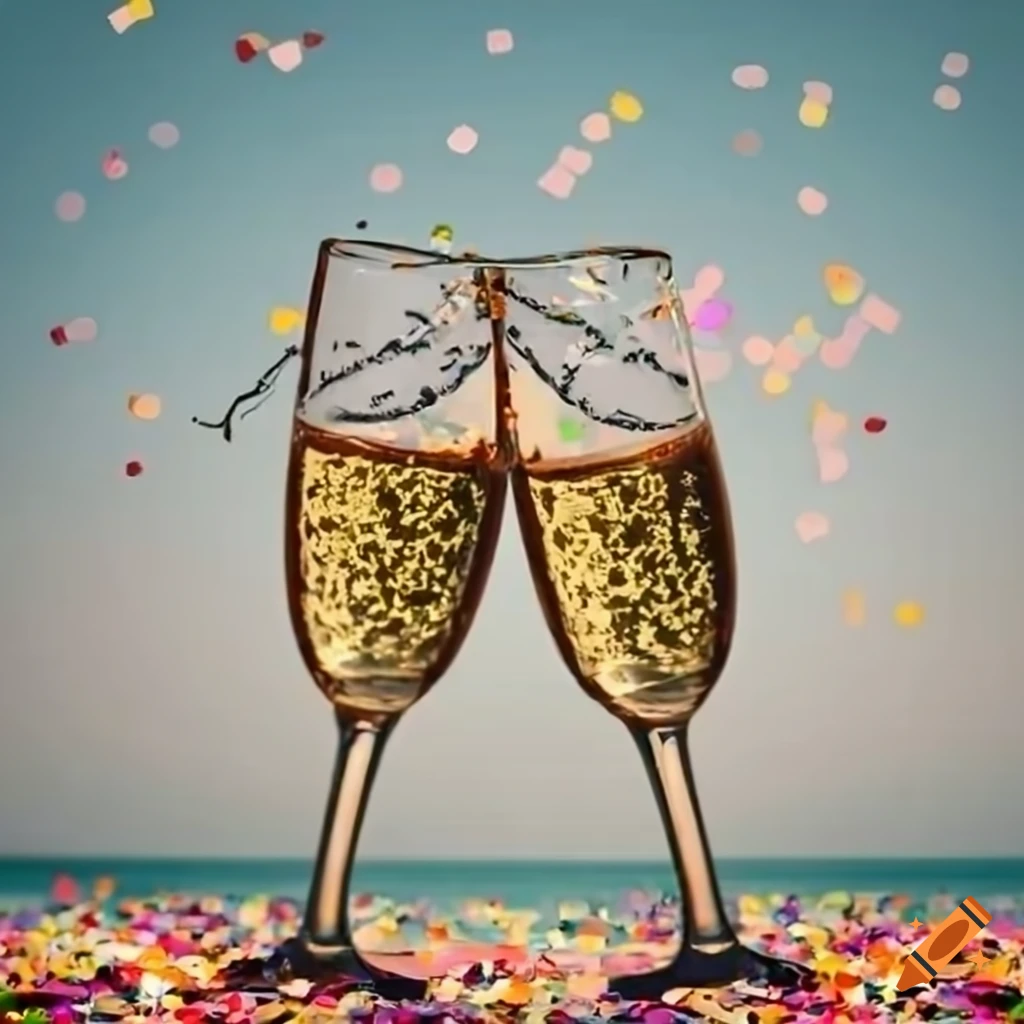 Clinking champagne glasses on the beach on Craiyon